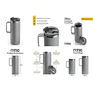 RTIC 20 oz Coffee Travel Mug with Lid and Handle, Stainless Steel Vacuum-Insulated Mugs, Leak, Spill Proof, Hot Beverage and Cold, Portable Thermal Tumbler Cup for Car, Camping, Graphite