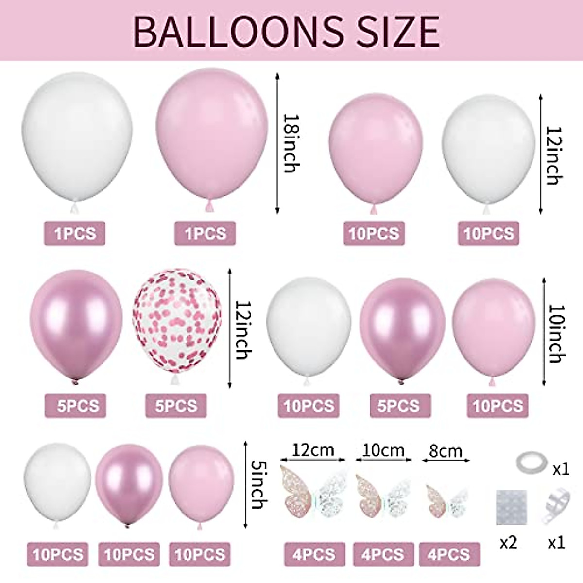 FEYG Pink Party Balloons for Girls, Pink White Gender Reveal Balloons, 87pcs Pastel Pink Balloons Garland Arch Kit with Hollow Out Butterfly for Birthday Party Baby Shower Wedding Party Supplies