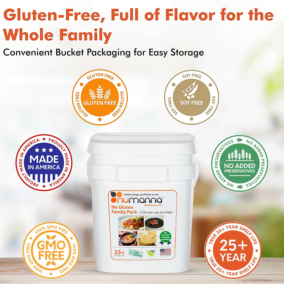 Numanna No-Gluten Family Pack Bucket 126 Servings Breakfast, Lunch, Dinner Meals Non-Gmo, No Msg, No Added Preservatives Easy to Prepare Emergency Survival Food Made in USA 25 Year Shelf Life