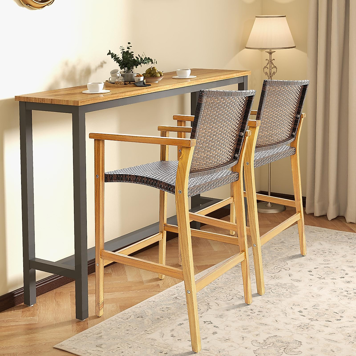 Tangkula Patio Rattan Bar Stool Set of 2, Outdoor PE Wicker Bar Chairs with Armrests, Counter Height Acacia Wood Barstools with Sturdy Footrests, for Balcony, Backyard, Poolside (2, Mix Brown)