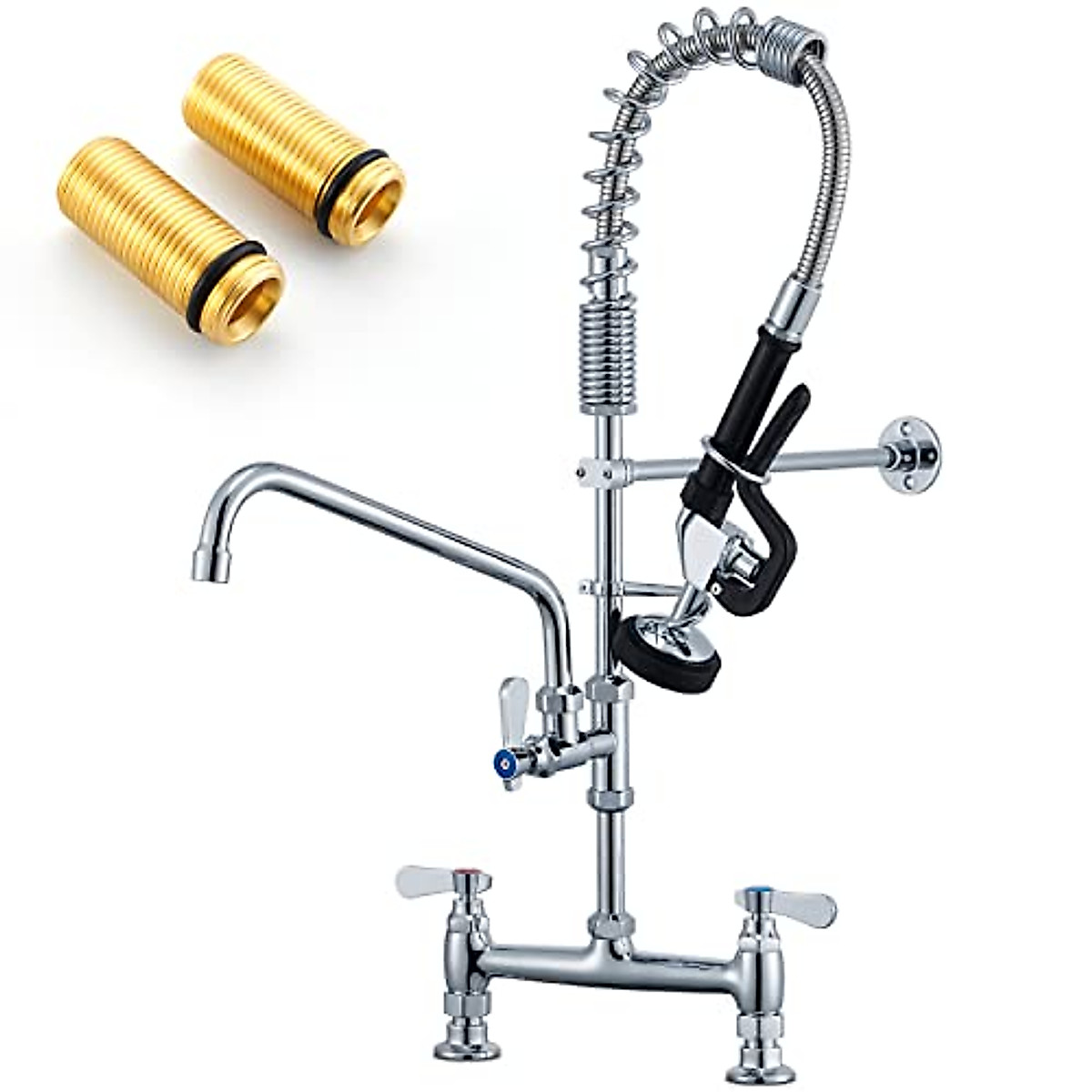 Favorpo Commercial Sink Faucets with Pull Down Sprayer 24"Pre-Rinse Height Deck Mount Kitchen Faucet Brass Constructed Polished Chrome 8" Center Faucet with 10" Add-on Spout for 3 Compartment Sink