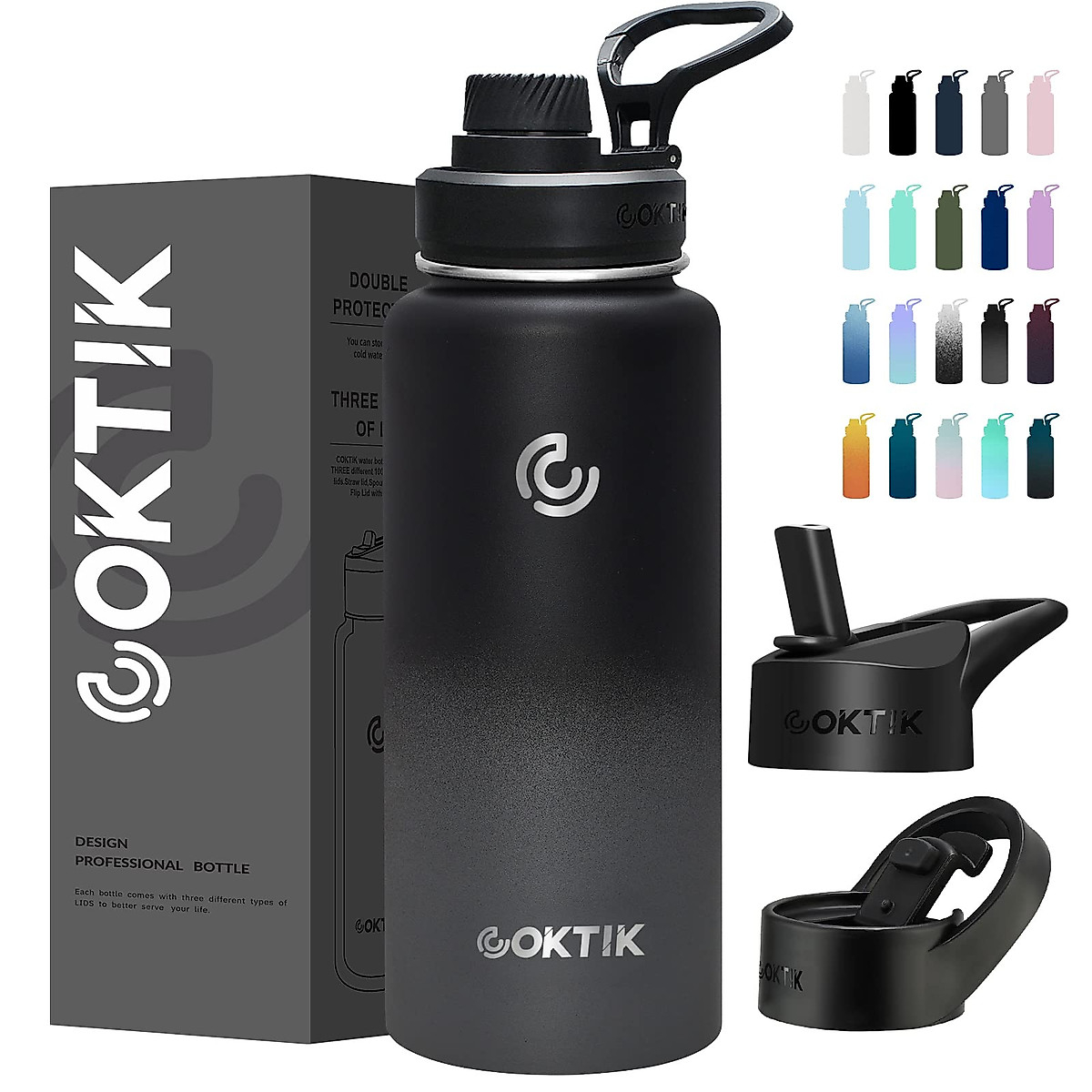 COKTIK 128 oz/ One Gallon Water Bottle Insulated, Double Walled Vacumm Metal Stainless Steel Sports Water Bottle with Reusable 2 Lids for Sports, Gym, Fitness or Office(Gray Gradient)