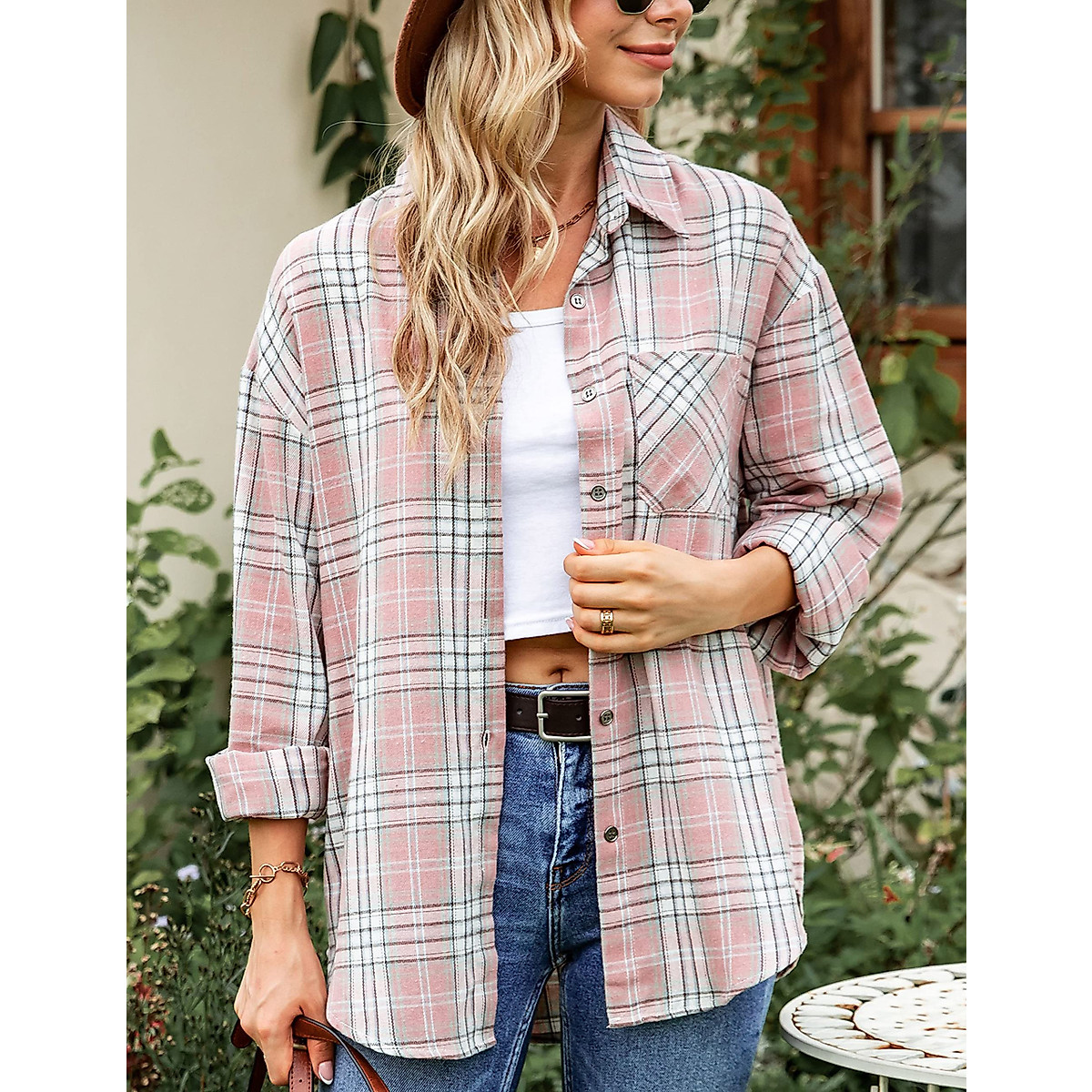 Lumister Oversized Flannel Shirt Women Long Sleeve Plaid Button Down Buffalo Shirt Blouse Tops with One Pocket(0405-Pink-L)