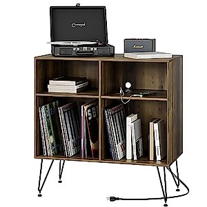 oiiokuku Record Player Stand with Vinyl Storage, Lager Record Player Table with Charging Station, Turntable Stand with 4 Cabinet Holds up to 300 Albums for Bedroom, Office,Adjustable Legs,Walnut