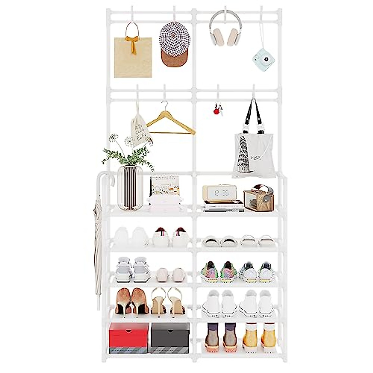 UDEAR 5-Tier Coat and Shoe Rack, Entryway Coat rack with 9 Hooks, Double Row Shoes Organizer for Living Room, Bedroom, Office,White