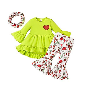 Noubeau Toddler Baby Girls Halloween Outfits Letter Print Flare Sleeve Dress Shirt Cute Pumpkin Bell-Bottoms Pants Scarf (Green, 12-18 Months)
