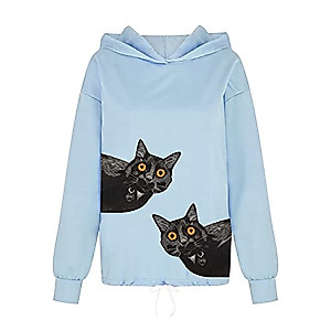 Womens Long Sleeve Hoodie Simple Cat Printed Pullover Tops Casual Loose Drawstring Hooded Shirts Blue