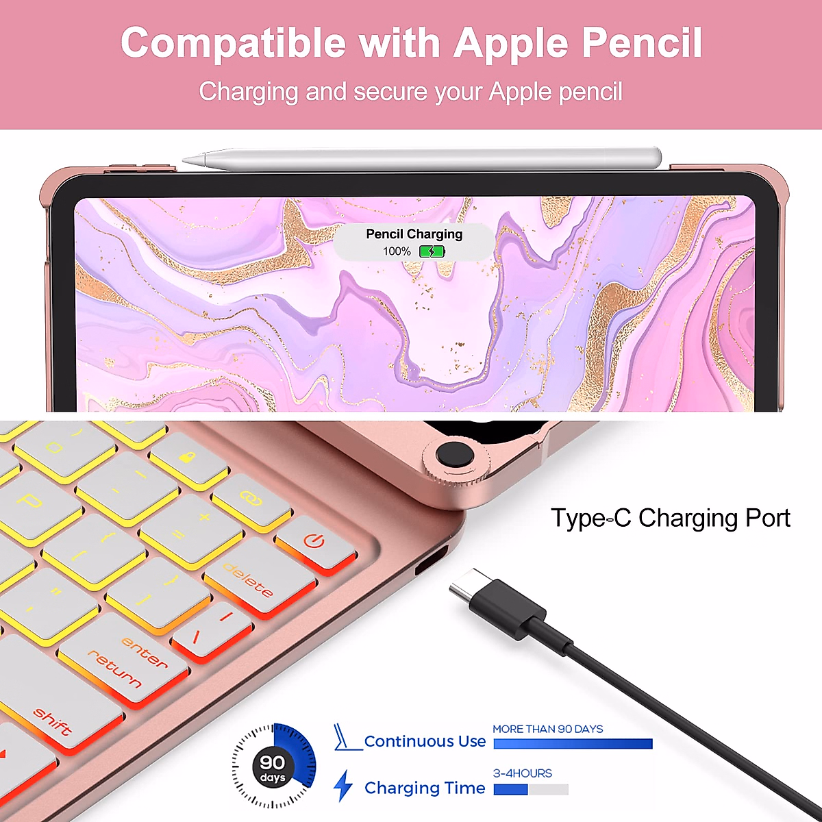 Touch IPAD Air 5th/4th Generation Case with Keyboard | Magic 360°Rotatable & Swivel Keyboard with Trackpad | 7 Color Backlit with Pencil Holder for iPad Pro 11 inch 3rd/2nd/1st Generation | Rose Gold
