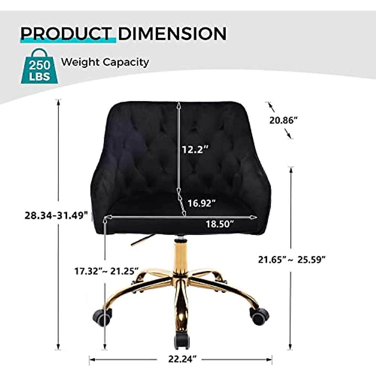SSLine Elegant Velvet Desk Chair for Girls Women Modern Swivel Office Computer Chair on Wheels Cute Vanity Chair Leisure Chair w/Arm for Home Study Living Room (A Type-Black&Gold)
