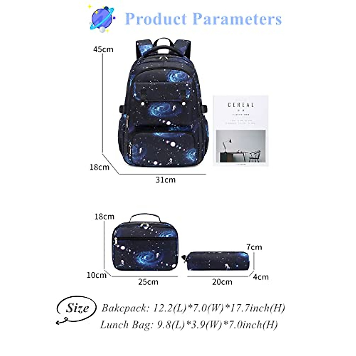 3Pcs Galaxy Childrens Backpacks for Boys, Capacity Elementary Primary School Bags Bookbags for Kids, with Insulated Lunch Bag