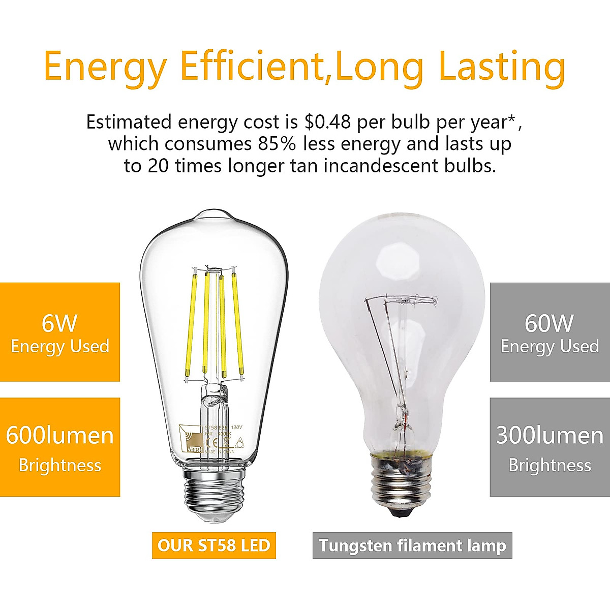 VOOSEI Daylight Bulbs 4000K LED E26 60W Dimmable, 6W Equivalent to 60W Edison High Brightness ST58 Antique Filament Bulbs Clear Glass Pack of 6