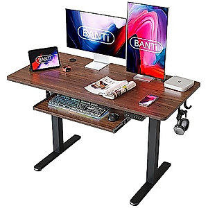 BANTI 48" x 24" Height Adjustable Electric Standing Desk with Keyboard Tray, Sit Stand up Desk with Splice Board, Black Frame/Expresso Top