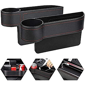 Car Seat Gap Filler, 2 Pack Multifunctional Car Seat Organizer with Cup Holder, Car Console Side Organizer for Cellphones, Wallets, Keys, Coin, Cards, Sunglasses, Passenger Side & Driver Side - Black