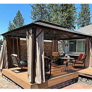 YOLENY 10'x13' Hardtop Gazebo, Outdoor Polycarbonate Double Roof Canopy, Aluminum Frame Permanent Pavilion with Curtains and Netting, Sunshade for Garden, Patio, Lawns