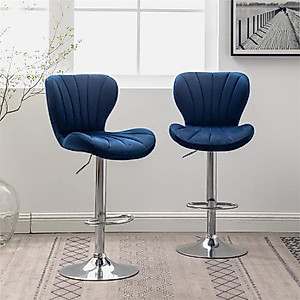 Roundhill Furniture Ellston Velvet Adjustable Swivel Barstools in Blue, Set of 2
