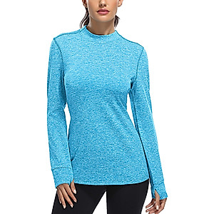 Fulbelle Thermal Fleece Lined Workout Warm Shirts Women, Mock Neck Thumb Holes Running Tops,Long Sleeve Ladies Exercise Athletic Running Gym Fitness Yoga Sweatshirts Winter Clothes Blue X-Large