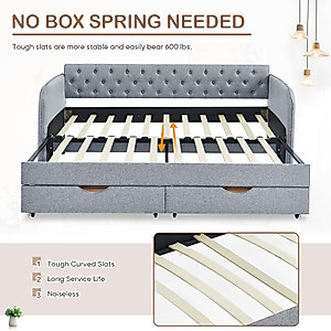 Antetek 80.5" Daybed with Drawer, Modern Button Tufted Linen Day Bed with Trundle Bed Twin to King, Upholstered Daybed Frame w/Storage Pocket for Bedroom, Living Room, No Box Spring Needed, Grey