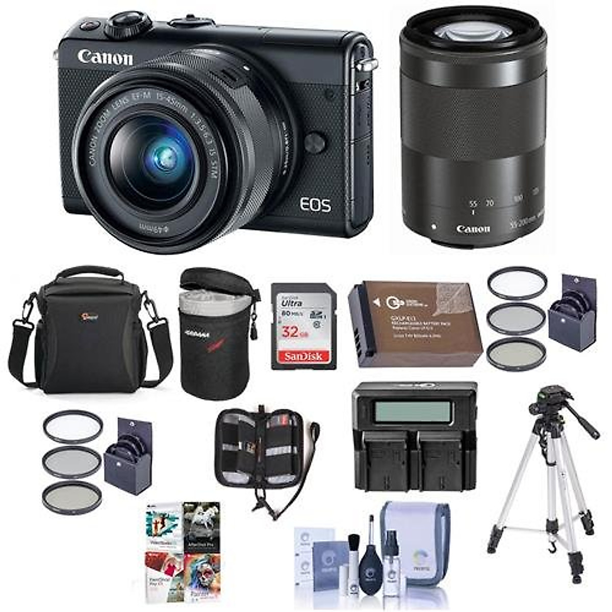 Canon EOS M100 Mirrorless Camera with EF-M 15-45mm f/3.5-6.3 is STM and EF-M 55-200mm f/4.5-6.3 is STM Lenses, Black - Bundle with Camera Bag, 32GB SDHC Card, 49/52mm Filter, Software Pack, and More