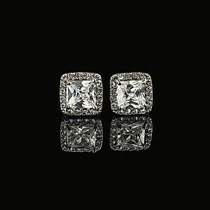 Quinlivan Duo 2 Pairs Premium Halo Stud Earrings 10mm, Round Princess Cut Cubic Zirconia Earrings Sets Lightweight for Women, Girls (white gold)