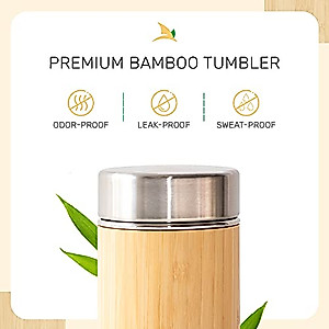 Bamboo Tumbler with Tea Infuser Bottle Loose Leaf Strainer – Advanced Double Insulated Stainless Steel Travel Thermos - Best Gift for Tea Lovers - Leak-Proof Hot Coffee Mug, Fruit Water Bottle (17 oz)