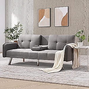 SoarFlash Twin Size Convertible Futon Sofa Bed Modern Loveseat Sofa for Living Room,Bedroom Upholstery Fabric Sleeper with Armrest and 2 Cup Holder,Light Grey
