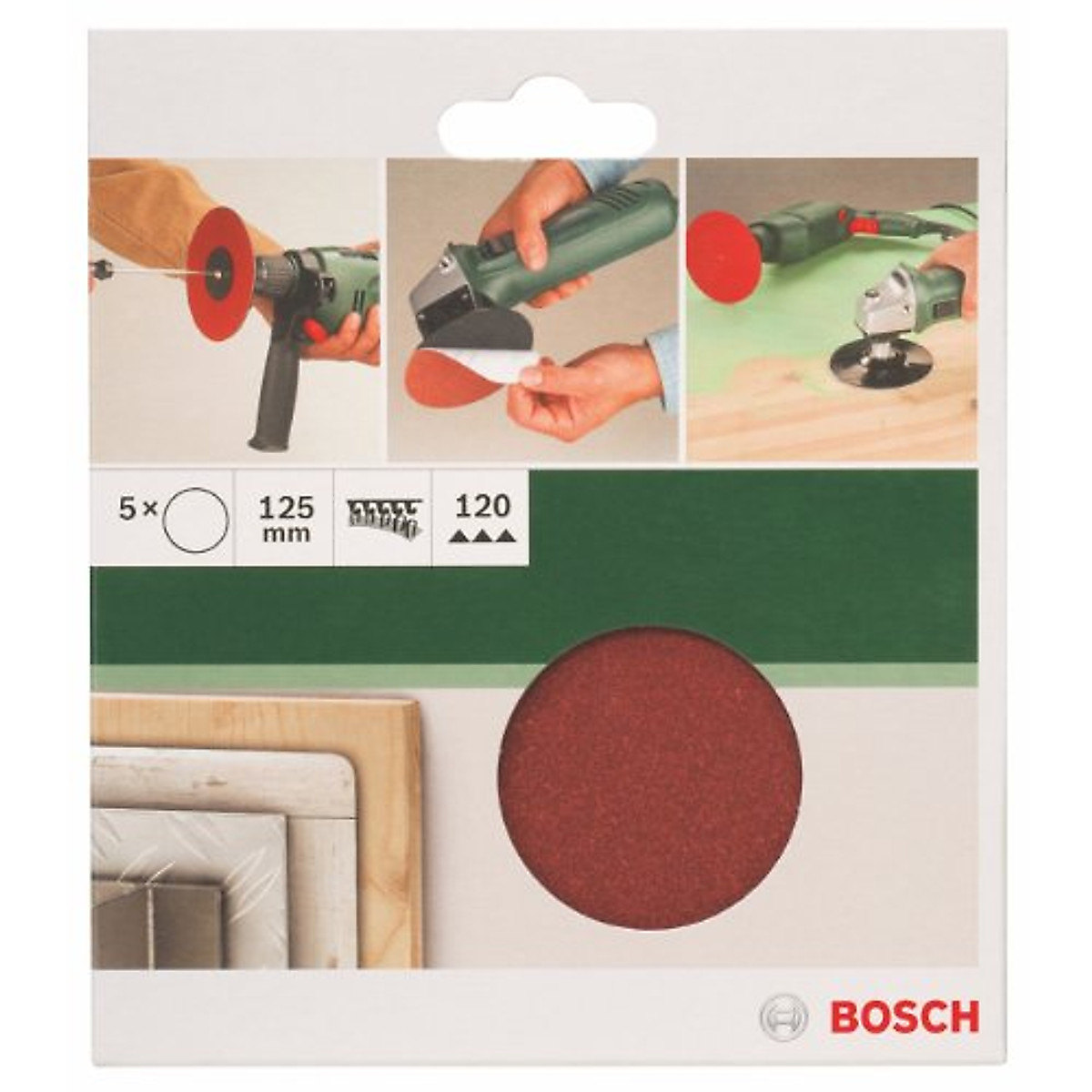 Bosch 2609256B45 Paper Sanding Discs for Angle Grinders and Drills Auto-Adhesive Diameter 125 mm Grain 120 Set of 5 Sheets