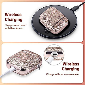 ULAK Glitter Case for AirPods 1 & 2, Stylish Design AirPods Case Cover for Women Girls, Luxury Bling Sparkle Leather Airpod case 2nd Generation Shockproof Protective Cover with Keychain, Rose Gold