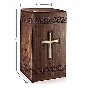 Reminded Rosewood Hand-Carved Urn Box with Solid Brass Cross - Cremation Memorial with Velvet Bag