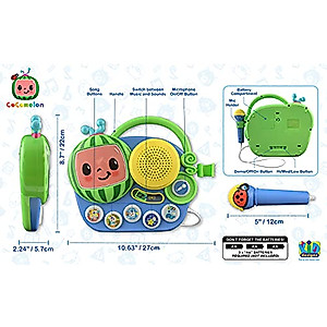 eKids Auxiliary Cocomelon Toy Singalong Boombox with Microphone for Toddlers, Built-in Music and Flashing Lights, Fans of Cocomelon Gifts