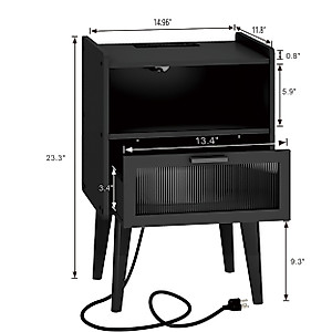 MMEOLUOOK Nightstand with Charging Station, Bedside Tables, End Table Side Table with 2 Tiers Storage Space, for Bedroom, Living Room, Black MLBZ07BE