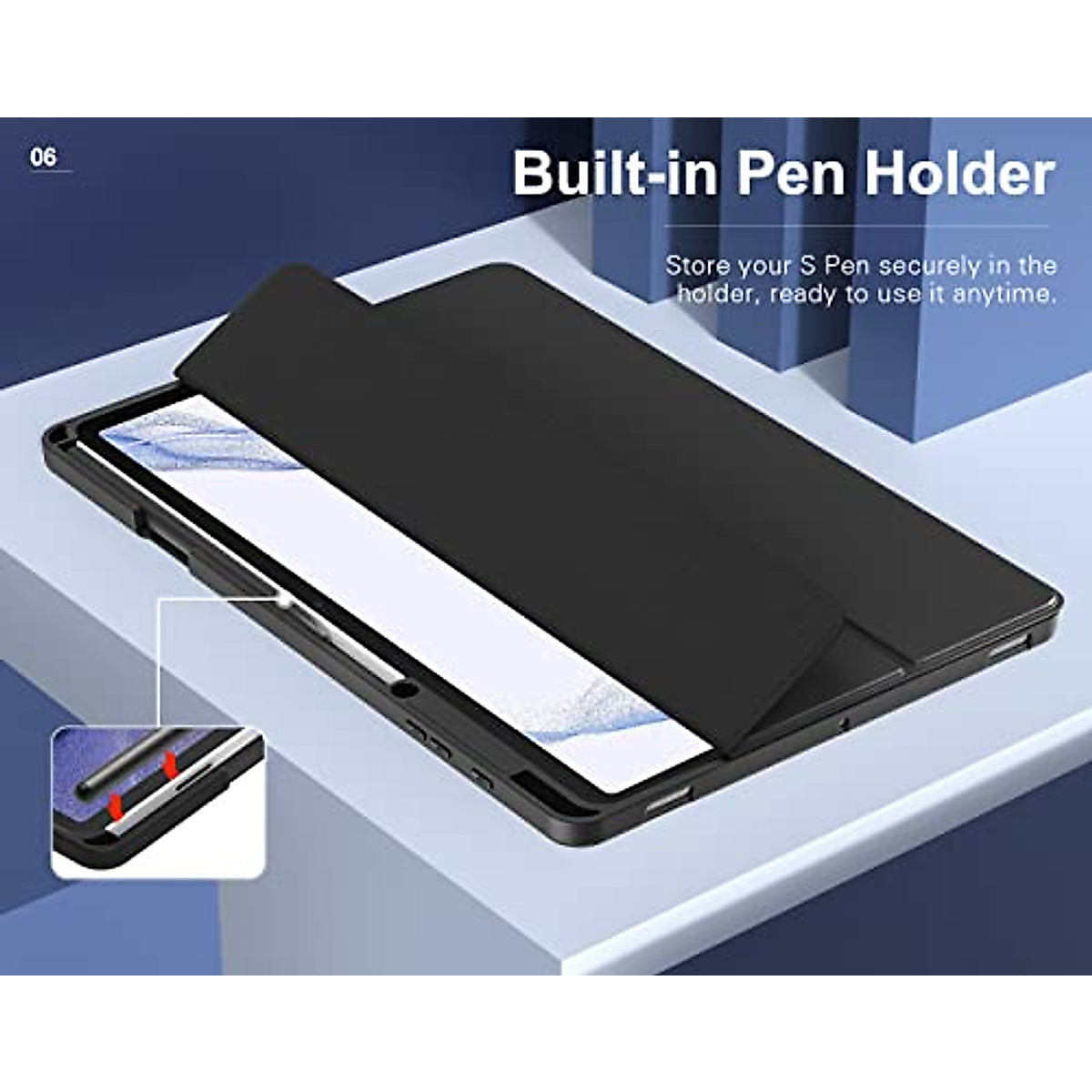 MoKo Case Fits Samsung Galaxy Tab S8 Plus 12.4 Inch 2022 (SM-X800/SM-X806) /S7 FE 2021/S7 Plus 2020, Shockproof Full Body Trifold Stand TPU Back Cover Case with Pen Holder Slot/Auto-Wake, Black