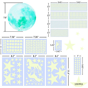 Glow Stickers in The Dark Stars Moon Elfin Unicorns Dots 1597 PCS Set Self-Adhesive Glow in The Dark Stickers for Room Ceiling Wall Decals Kids Party Decoration