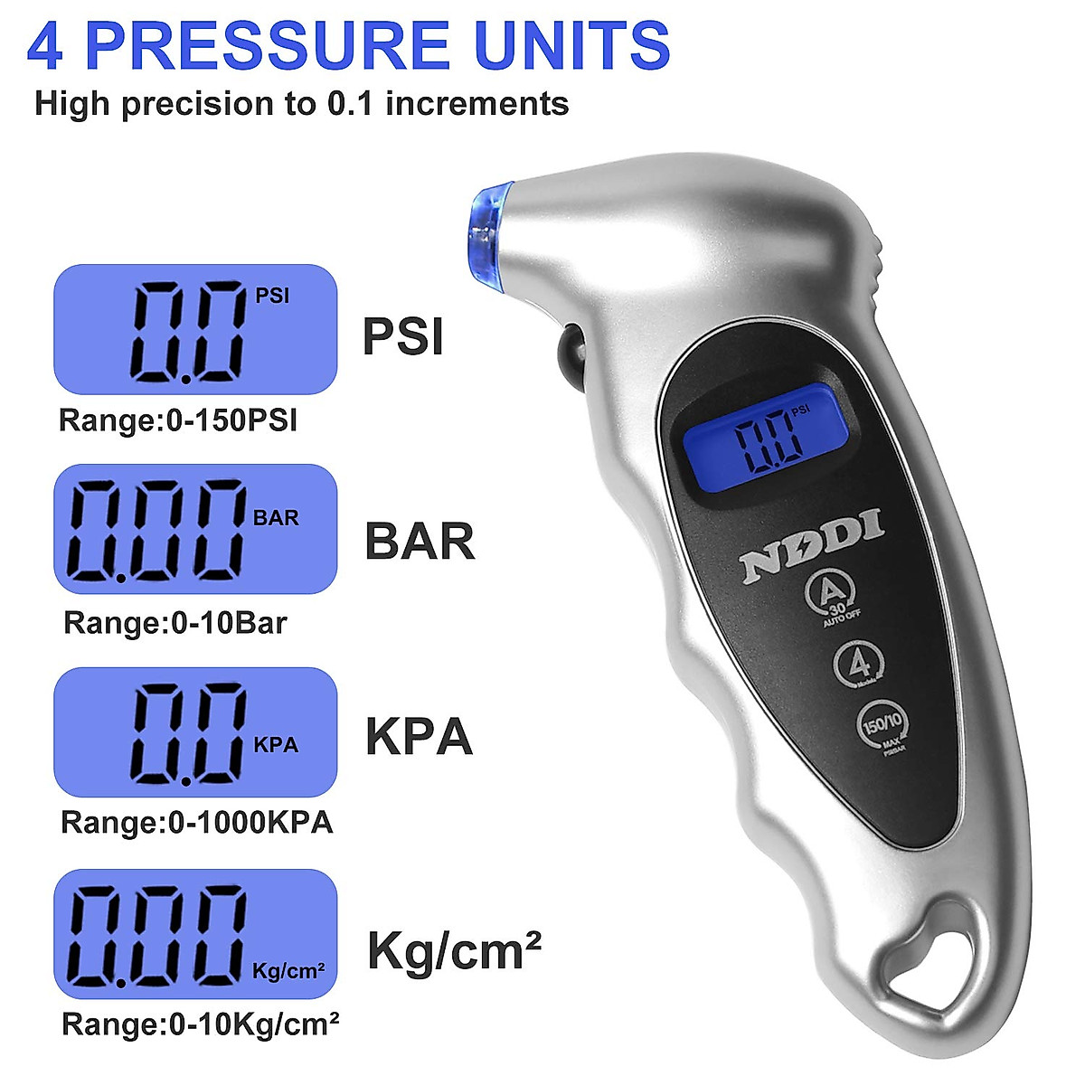 NDDI 2 Pack Digital Tire Pressure Gauge, 150 PSI 4 Settings Car Truck Bicycle Backlit LCD Non-Slip Grip, Gray and Red.