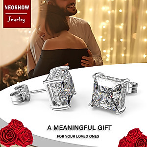 18K White Gold Plated Sterling Silver Princess Cut Cubic Zirconia Stud Earrings Square Simulated Diamond CZ Stud Earrings for Women Men Hypoallergenic (8MM, White Gold)