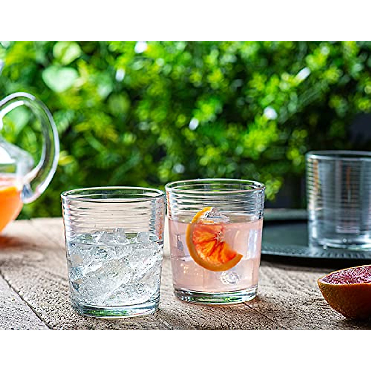 Le'raze Set of 16 Heavy Base Ribbed Durable Drinking Glasses Includes 8 Cooler Glasses (17oz) and 8 Rocks Glasses (13oz) - Clear Glass Cups - Elegant Glassware Set. Cordial Glasses