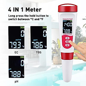 INKBIRDPLUS pH Meter, Digital 4 in 1 PH EC TDS Temp Meter for Water Hydroponics, Waterproof and EC PPM Water Tester with Backlight for Laboratory, Nutrients Growing, Household Drinking, Pool, Aquarium