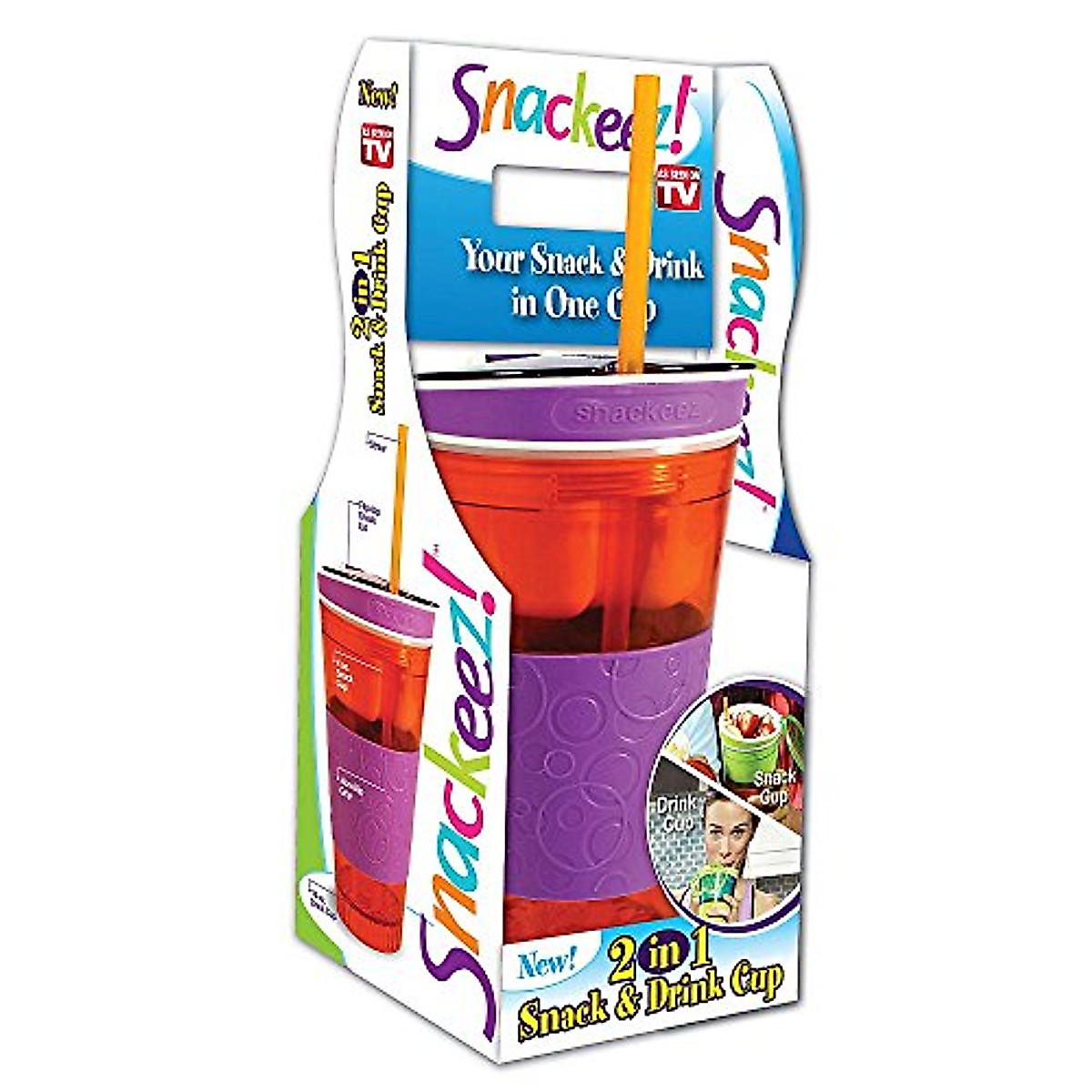 Snackeez Travel Cup Snack Drink in One Container 16oz (Orange/purple) One Single Pack