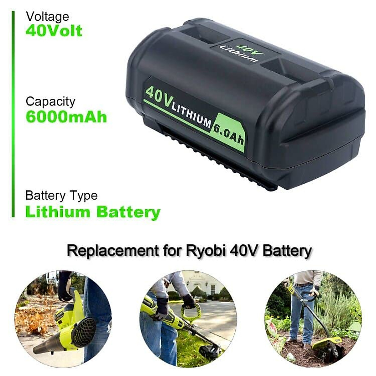 ELEFLY 40V 6.0Ah OP4050A Replacement for Ryobi 40V Lithium Battery OP4015 OP4026 OP40201 OP40261 OP4030 OP4040 OP40401 OP4050 OP40501 OP40601 40 Volt Cordless Tool Battery