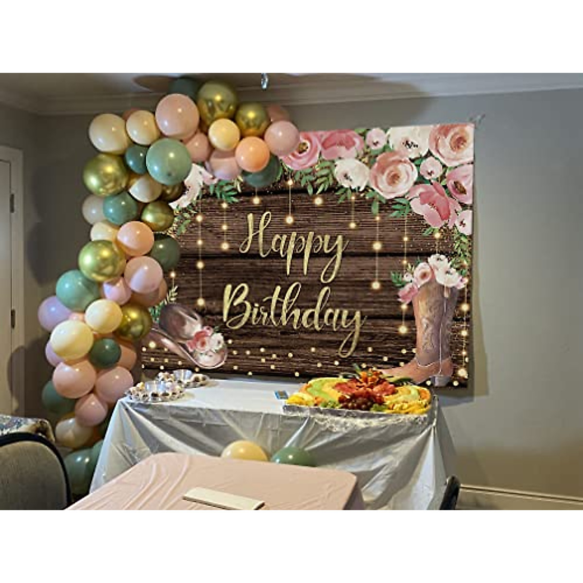 Cowgirl Happy Birthday Backdrop 7x5FT Western Hat Boot Floral Glitter Brown Rustic Wooden Boho Bday Photography Background for Women Country Party Decorations Banner Props