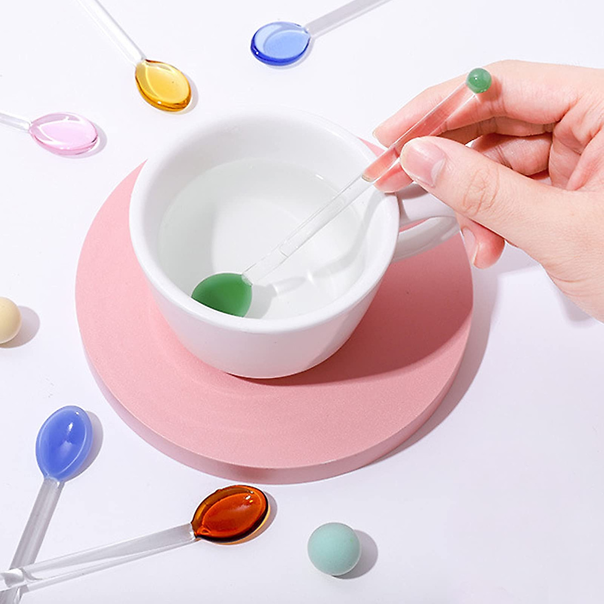 Luluxing 8Pcs Heat Resistant Glass Spoons Stirring Rod Salt Sugar Small Teaspoon For Coffee Ice Cream Dessert Cocktail Milkshake Cold Drink