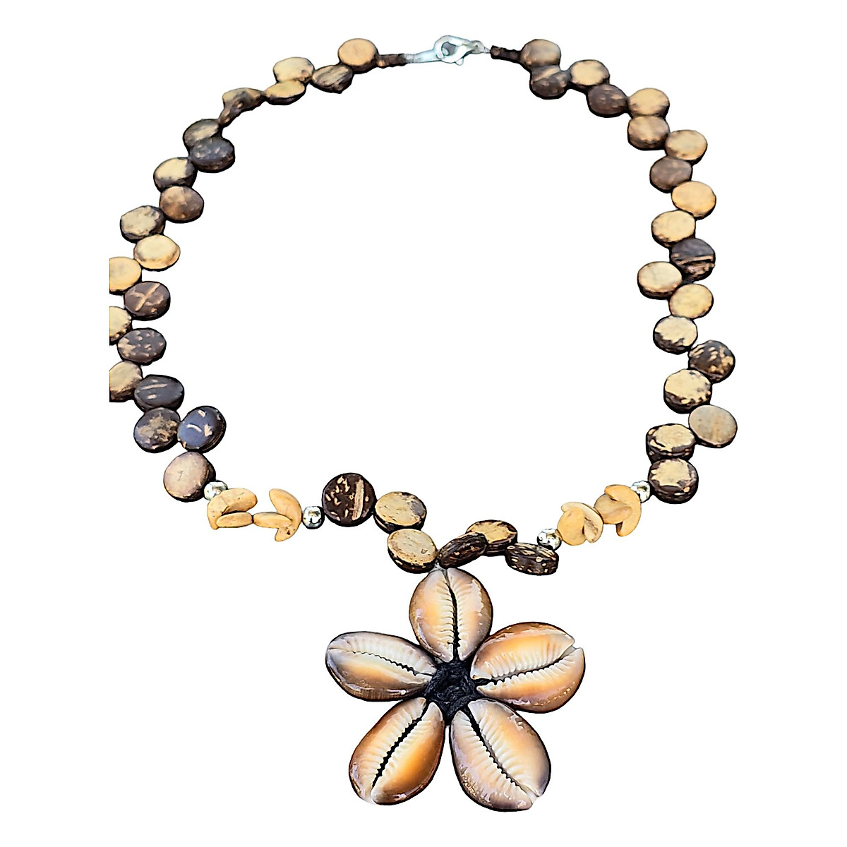 BlueRica Kaput Shells Flower on Brown Coconut Shell Disc Beads Necklace