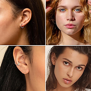 FIBO STEEL Cartilage Hoop Earrings for Men Women Stainless Steel CBR Hinged Clicker Nose Ring Helix Septum Couch Daith Lip Tragus Piercing Sleeper Earrings Jewelry Set Silver 18G 8MM