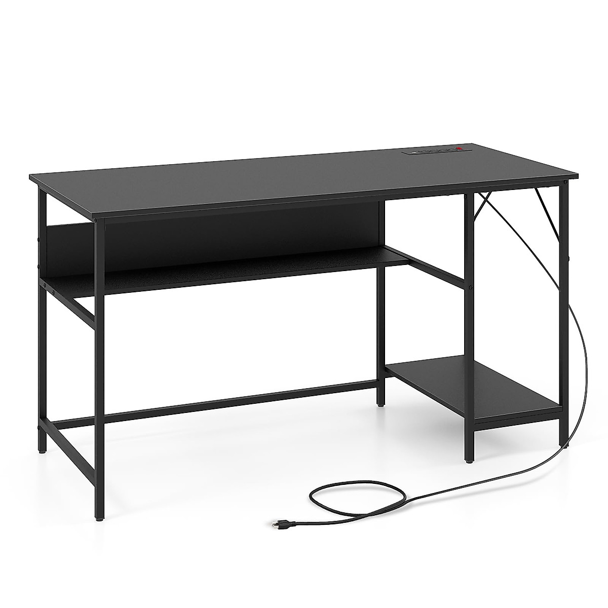 IFANNY 55’’ Computer Desk, PC Gaming Desk with Power Outlet & USB Ports, Large Home Office Desk with Storage Shelves & Steel Frame, Industrial Study Desk for Bedroom (Black)