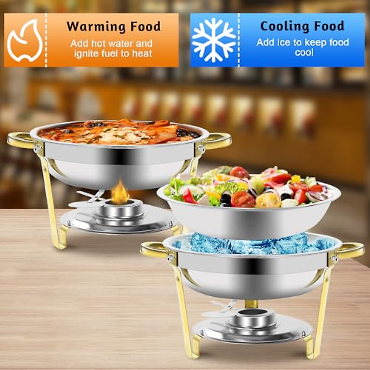 Jwevvie Gold Chafing Dishes for Buffet, 5QT Round Chafing Dish Buffet Set w/Lid, Thickened Stainless Steel Chafers and Buffet Warmers Sets for Weddings, Events, Banquet (8-Pack)