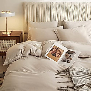 VClife Duvet Cover Washed Microfiber Cream Beige Tan Khaki Quilt Cover Sets Queen Size 3 Pieces Tan Solid Color Bedding Sets (1 Queen Beige Duvet Cover and 2 Pillow Shams)