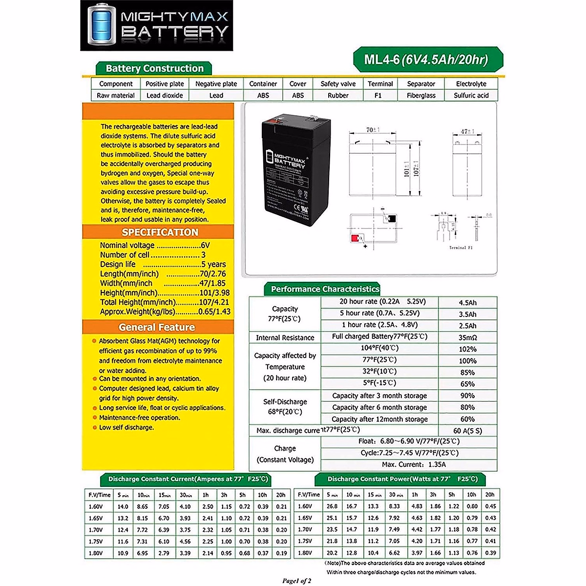 Mighty Max Battery ML4-6 - 6V 4.5AH Replacement Battery for YT-645 with F1 Terminal - 10 Pack