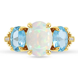 GEMVIO Collection Three Stone Design,Centre 6X8MM Oval Cut Natural Opal & 4X6MM Side Natural Swiss Blue Topaz With Diamond Accent Engagement Ring In 14K Yellow Gold Over Sterling Silver(2 Cttw)-7