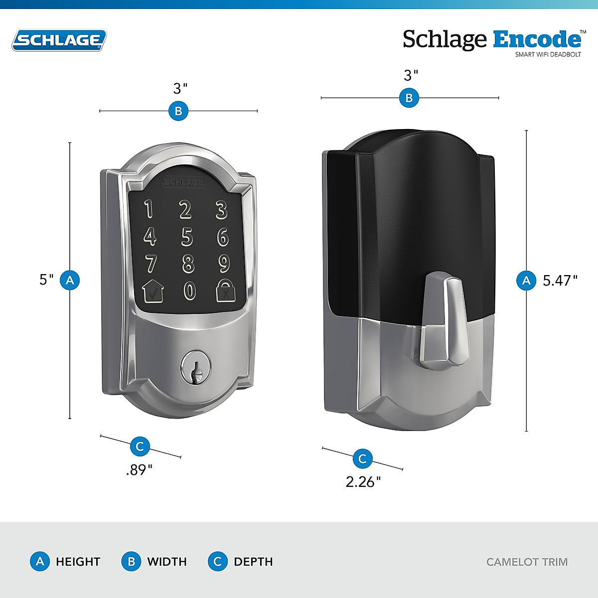 Schlage Encode Smart WiFi Deadbolt with Camelot Trim In Bright Chrome