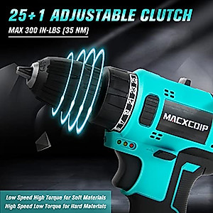 MACXCOIP Brushless Cordless Drill, 21V Electric Power Drill Driver with 3/8" Keyless Chuck, 300 In-lb Torque, 2 Variable Speeds, 25+1 Adjustable Clutch, 33pcs Accessories with Battery & Charger