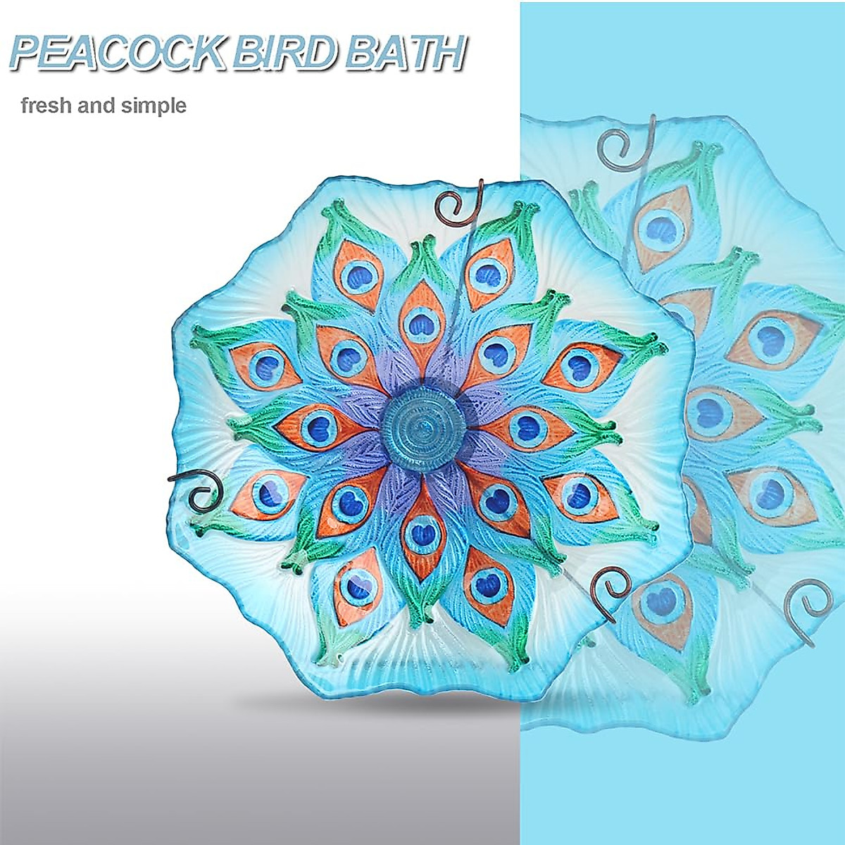 OUISJYER Bird Baths for Outdoors, Peacock Feather Glass Birdbath & Birdfeeder with Metal Pedestal Stake Garden Yard Lawn Decor (31.5" H * 11.5" W)